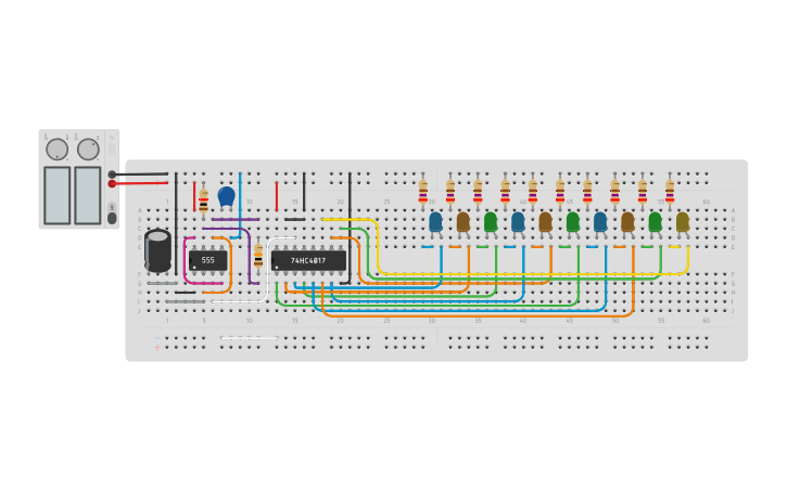 Circuit design NE555-CD4017 - Tinkercad