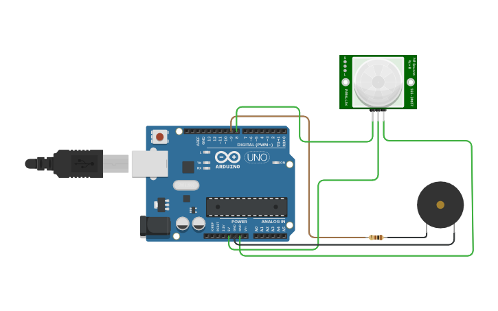 Circuit design sensor de movimiento con arduino y buzzer - Tinkercad