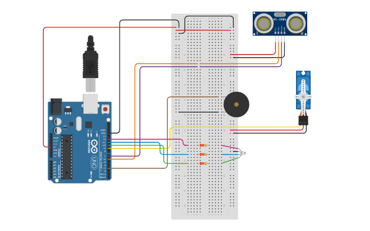 Circuit design Arduino - Ultrasonic sensor - Buzzer - Servomotor - LED RGB - Tinkercad