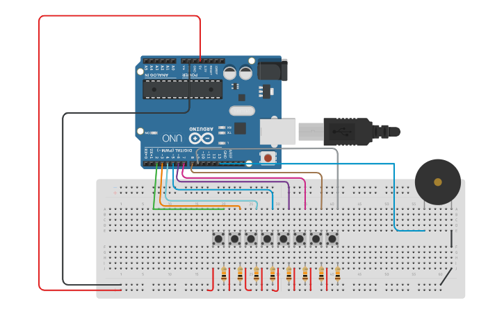 Circuit design Arduino piano with buzzer and push buttons - Tinkercad