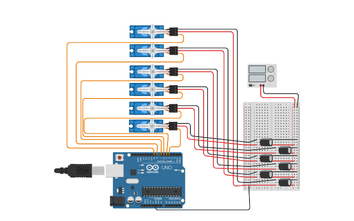 Circuit design Sweep of 6 Servo Motor By Arduino - Tinkercad