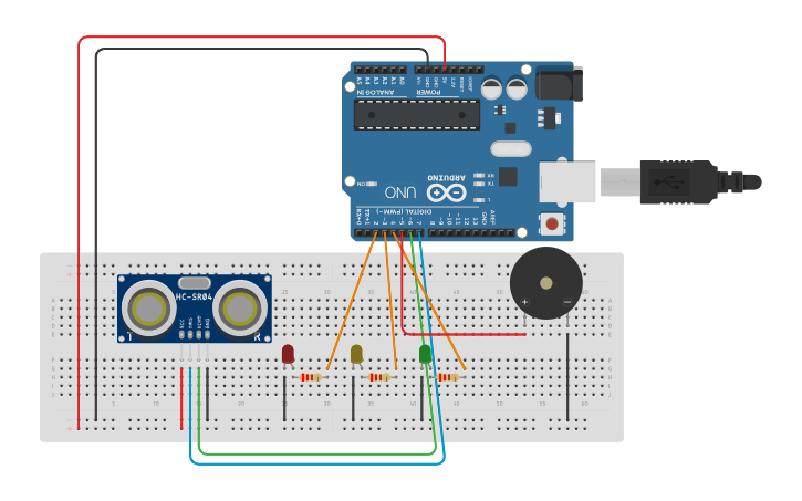 Circuit design sensor ultrasonico con tres leds - Tinkercad