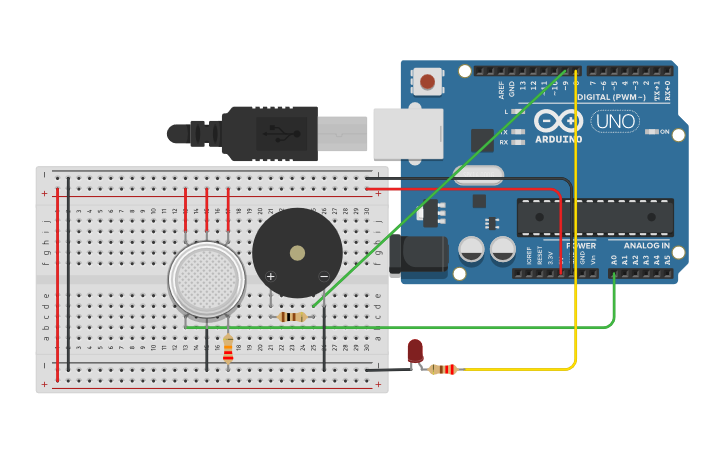 Circuit design Gas sensor simulation in Tinkercad - Tinkercad
