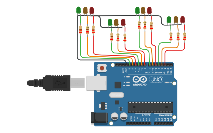 Circuit design 4 Way Traffic LIghts - Tinkercad