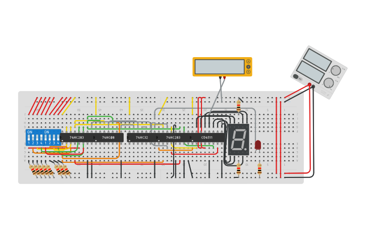 Circuit design working breadboard Lucas Wu BCD Adder - Tinkercad