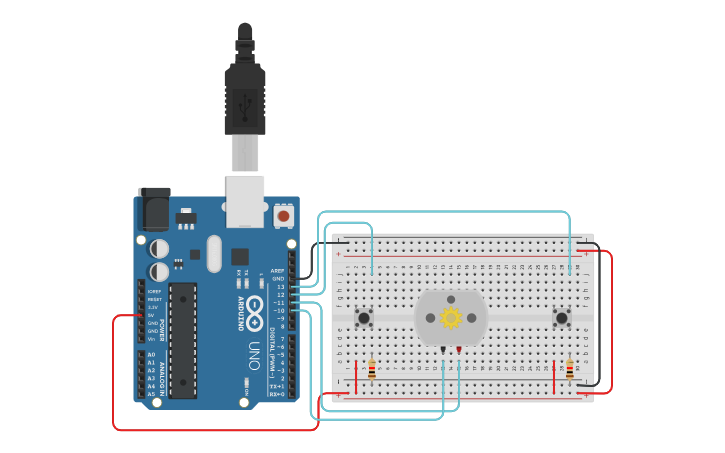 Circuit design DC Motor Forward and Reverse when Push Button is pressed - Tinkercad