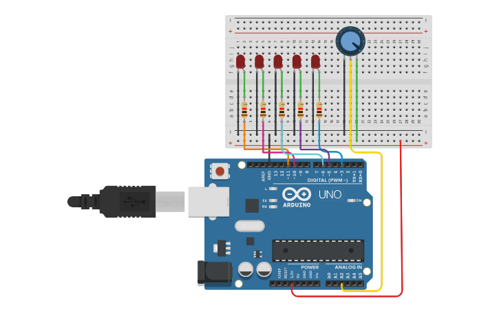 Circuit design Decimal to Binary LED - Tinkercad
