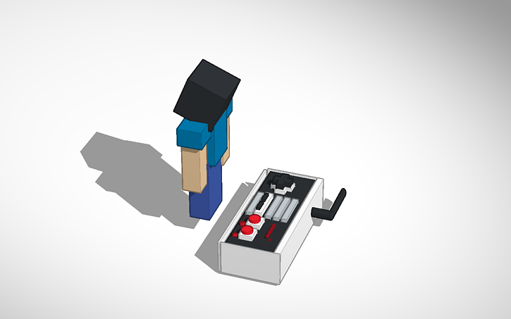3D design Minecraft character looking at a NES controller - Tinkercad
