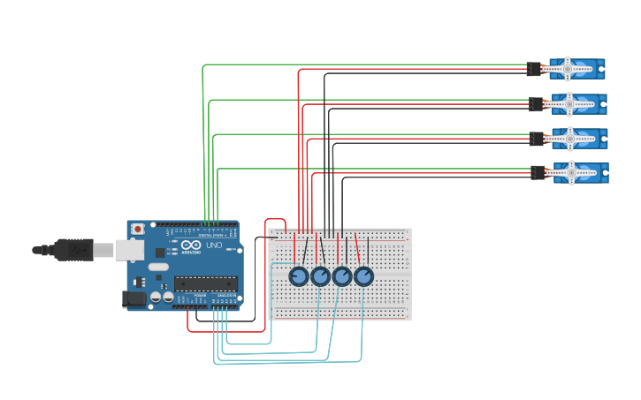 Circuit Design Implement A Robotic Arms Control System Using Potentiotiometer Tinkercad