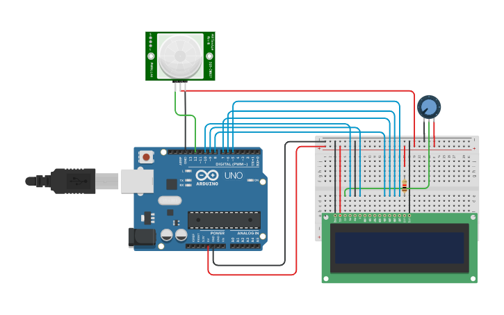 Circuit design Detect Human using Motion Sensor & LCD - Tinkercad