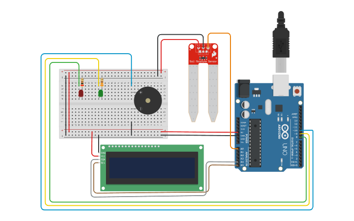 Circuit design Smart Soil Moisture Monitor with Alert System - Tinkercad
