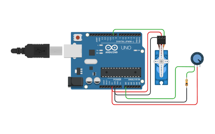 Circuit design uno with servo motor and potentiometer - Tinkercad
