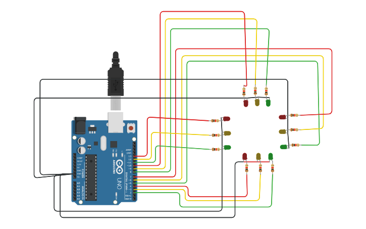 Circuit design Traffic light schematic 1 LAB6 - Tinkercad