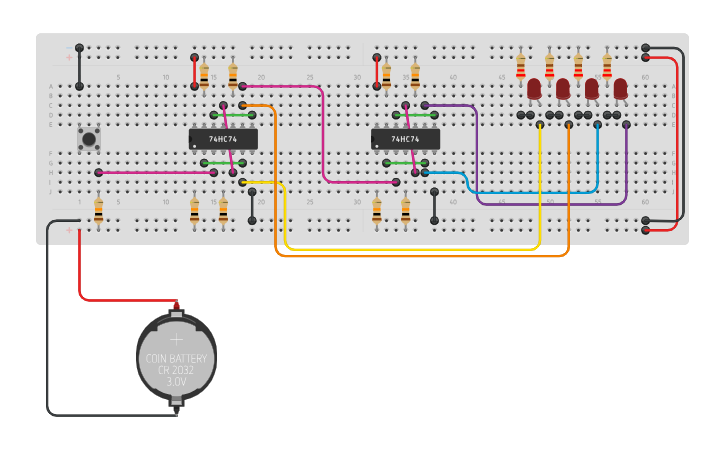 Circuit design 4-bit Counter using 74HC74 D Flip Flop - Tinkercad