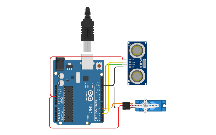 Circuit design Micro Servo/Sensor Ultrassônico - Tinkercad