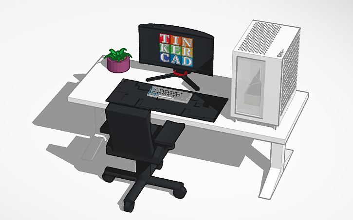 3D design pc desk setup with: monitor, pc keyboard, mice etc. - Tinkercad