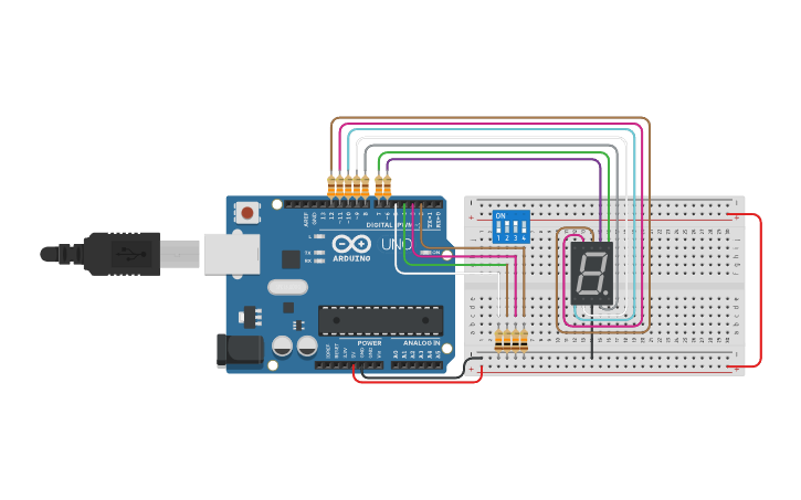 Circuit design Display 7 segmenti con dip switch - Tinkercad