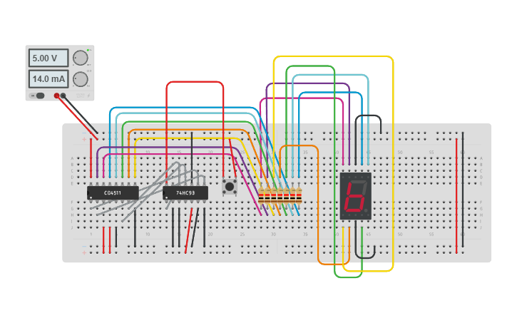Circuit design contatore 7490 con decoder BCD 4511 e display a 7 segmenti - Tinkercad