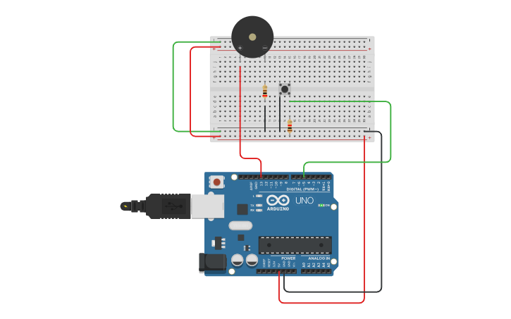 Circuit design push-button-buzzer - Tinkercad