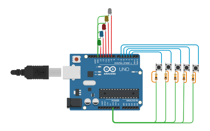 Circuit design Control 5 LED through 5 puss button - Tinkercad