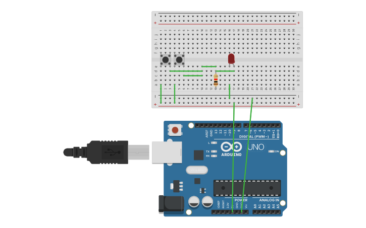 Circuit design LED with two push buttons - Tinkercad