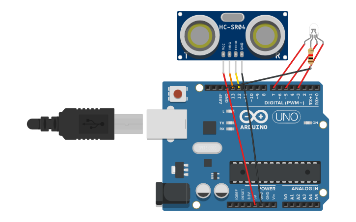 Circuit design Controlling rgb led with ultrasonic sensor - Tinkercad
