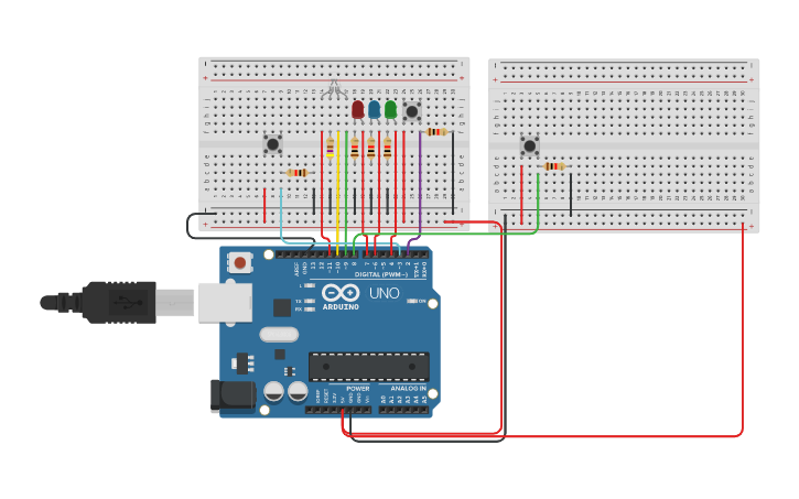 Circuit design RGB Using 3 led , Push Button - Tinkercad