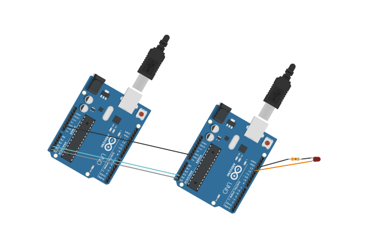 Circuit design Data transfer between two Arduinos - Tinkercad
