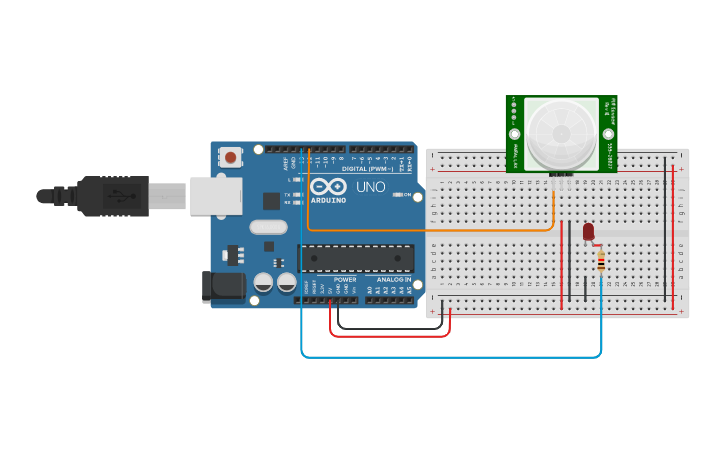 Circuit design sensor PIR con led - Tinkercad