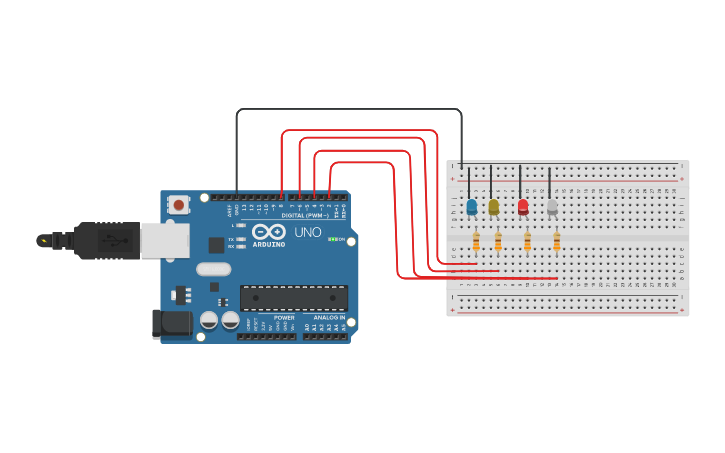 Circuit design 4 Leds con Arduino - Tinkercad