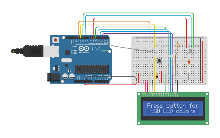Circuit design Intro to LCD screen with RGB led - Tinkercad