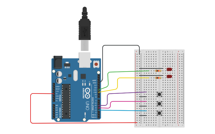 Circuit design push button( 3 inputs / 2 outputs) - Tinkercad