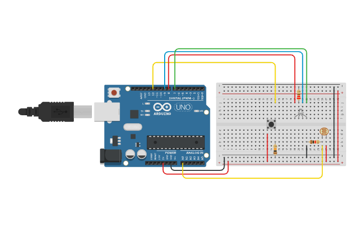 Circuit design (SOLUZIONE) SIMULAZIONE 1: LED RGB e FOTORESISTENZA - Tinkercad
