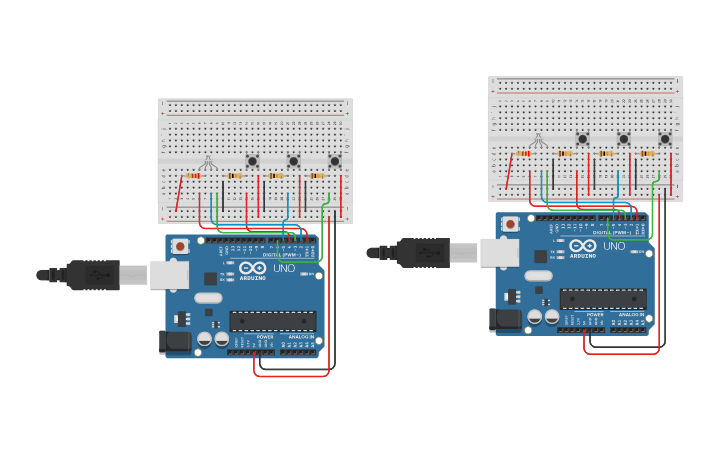 Circuit design RGB LED with buttons - Tinkercad