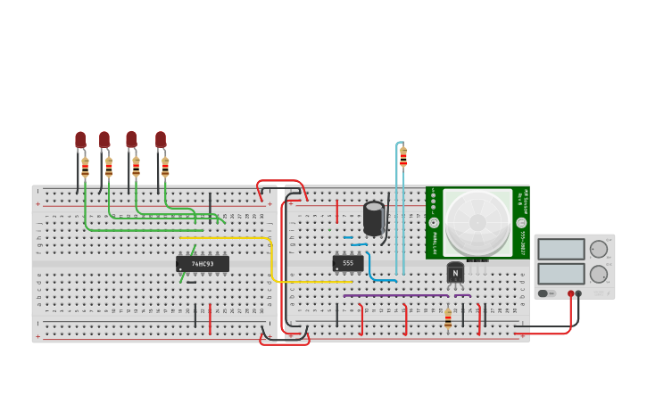 Circuit design PIR Sensor with Timer 555 And Counter 74HC93 - Tinkercad