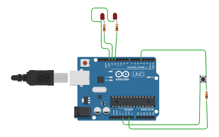 Circuit design Toggle 2 LED using Push-button - Tinkercad