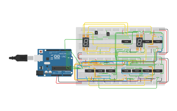 Circuit design 2 displays de 7 Segmentos - Tinkercad
