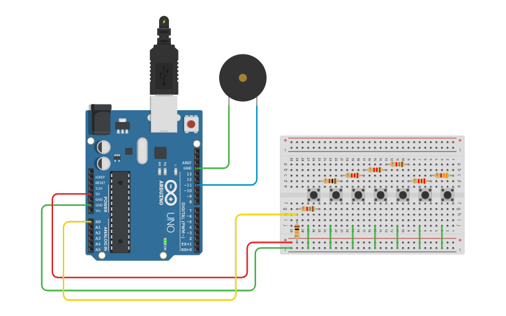 Circuit design Instrumento musical 7 notas - Tinkercad