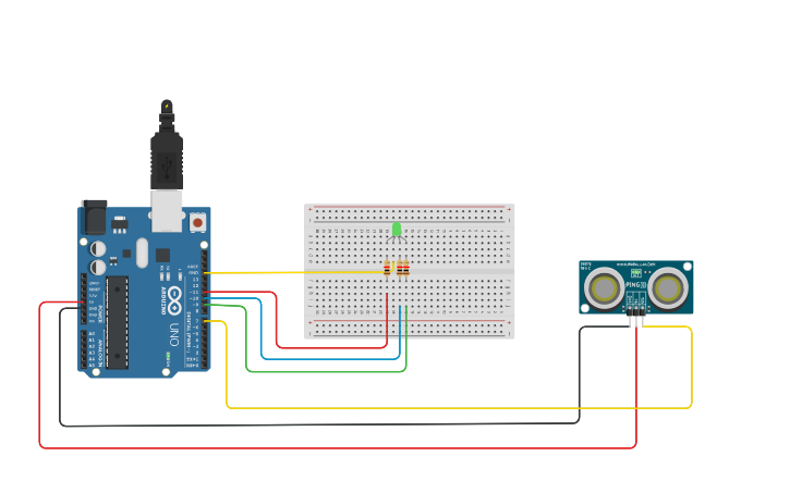 Circuit design Ultrasonic Sensor with RGB LED - Tinkercad