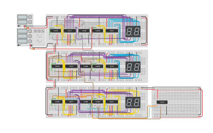 Circuit design 24H Clock using 7493 & 7-Segment display - Tinkercad