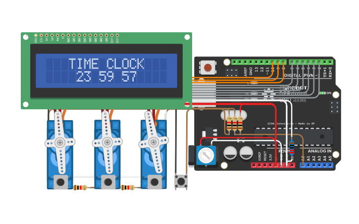 Circuit design TIME CLOCK = DIGITAL + SERVO - Tinkercad