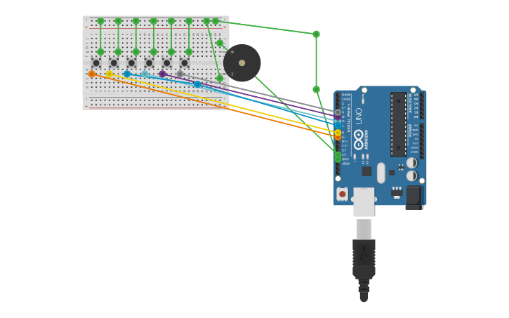 Circuit design Arduino Piano with Push Buttons and Buzzer - Tinkercad