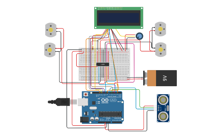 Circuit design Obstacle Detecting Robot - 18BEI0015,52,53, - Tinkercad