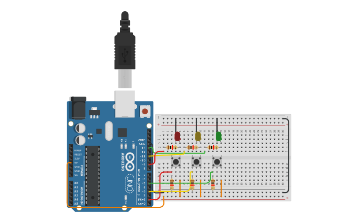 Circuit design 3 led´s con 3 botones - Tinkercad
