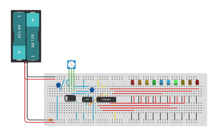 Circuit design LED Chaser using a 555-timer and 74HC4017 - Tinkercad