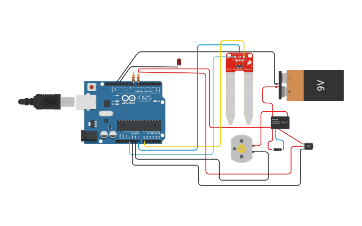 Circuit design Soil Moisture with Relay, Led, and DC Motor - Tinkercad