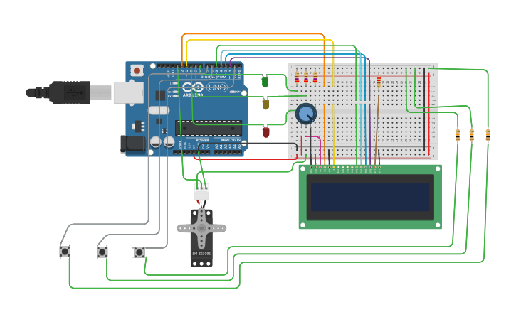 Circuit design Servo motor controlled with push buttons - Tinkercad