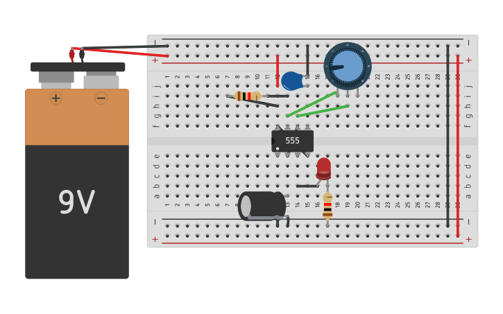Circuit design Adjustable Delay LED Blinking using 555 Timer - Tinkercad