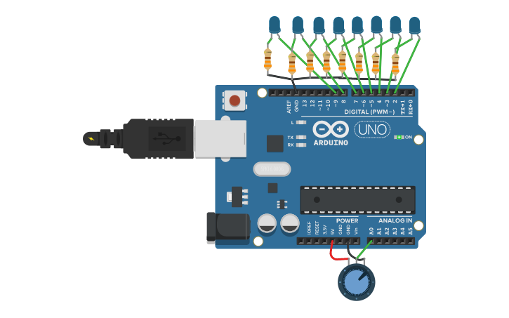 Circuit design Conversor decimal a binario - Tinkercad