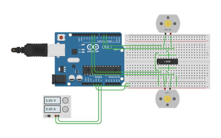 Circuit design Using Arduino to control H-Bridge driver IC to control 2 motors - Tinkercad
